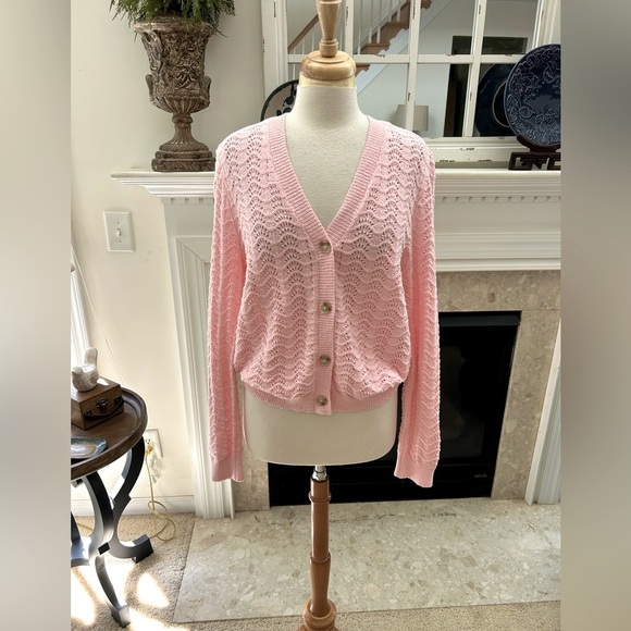 LOFT | Sweaters | Feminine Crochet Look Loft Pink Cardigan Sweater ...